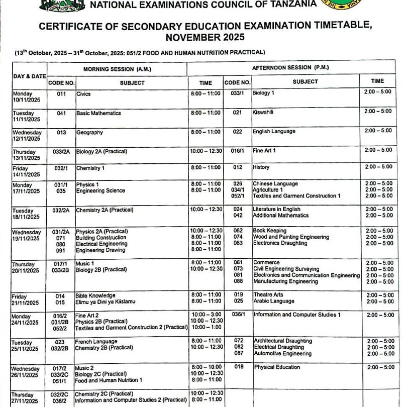 NECTA Ratiba ya Mtihani kidato cha nne 2025 – Form Four CSEE Exam time ...