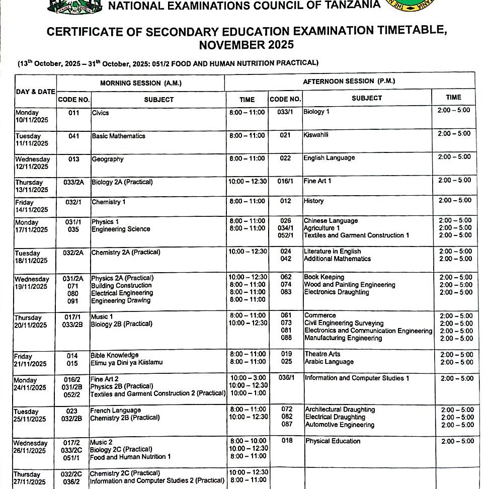 NECTA Ratiba ya Mtihani kidato cha nne 2025 – Form Four CSEE Exam time table - NECTA EXAMS